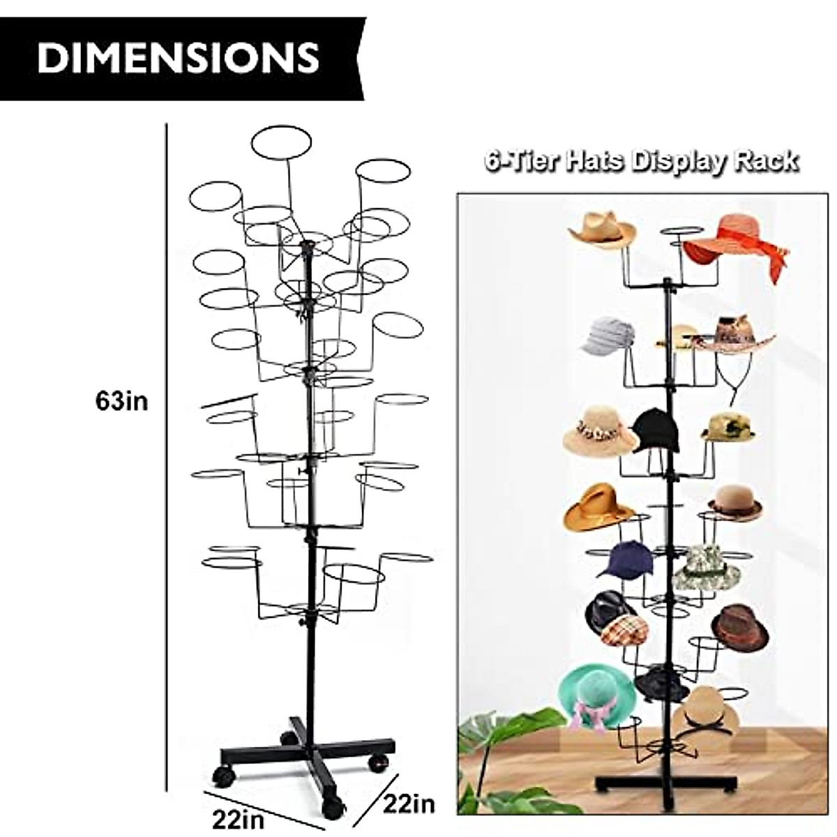 uyoyous 6-Tier Hats Display Rack Rotating Retail Hat Rack Stand 30 Hooks Adjustable Hat Headwear Rack with Wheels Metal Free Standing Hat Hanger Floor Standing Tower for Wig Cap Baseball Hats