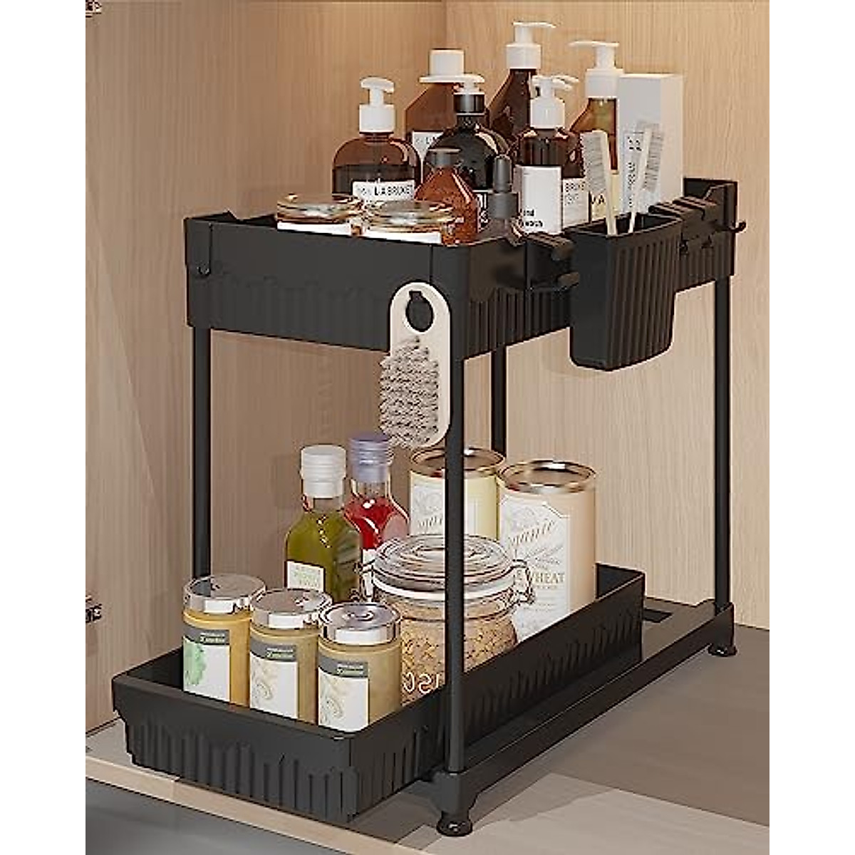 MHHA Under Sink Organizer, 2 Tier Sliding Bathroom Cabinet Organizer and Storage，Multi-purpose Under Kitchen Sink Oragnizers and Storage,1 Pack (Black)
