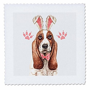 3dRose Easter Basset Hound Dog Pink Bunny Ears and Matching Bow - Quilt Squares (qs-378912-2)