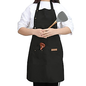 YIUJEFDA Black Aprons for Women Men with Pockets Adjustable Straps Waterproof Cute Canvas Kitchen Cooking Apron for Chef Waitress Server Painting Artist Mother Gifts