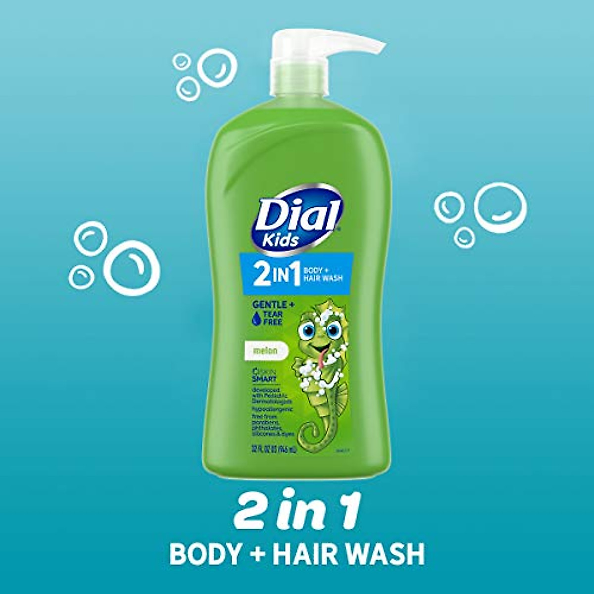 Dial Kids all in one hair, body wash and bubble bath, Tear free and gentle on skin, Melon Scent, 32 fl oz