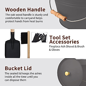 Poofzy Ash Bucket with Lid, 1.3 Gallon Ash Bucket for Fireplace, Metal Fireplace Bucket for Ashes Includes Shovel and Hand Broom for Wood Burning Stove and Fire Pit - Gray