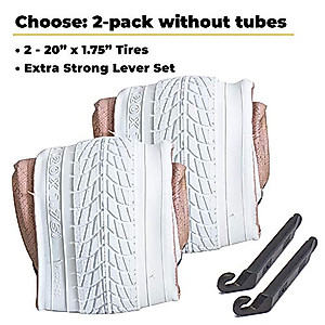 20 Inch Bike Tire Packages for Kids and BMX Tires. Fits 20x1.75 Bike Tube , Tire, Rims, Front or Rear Wheels. Includes Tire Tools. With or Without Tubes. 1 Pack or 2 Pack. WHITE (2 Tires - No Tubes)