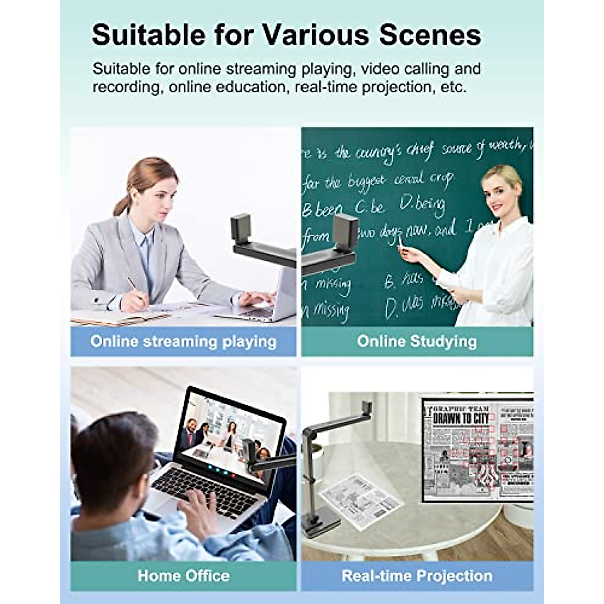 VIZOLINK 8MP Document Camera & Webcam with Noise-Canceling Microphone, A3-Size Capture, Auto Focus, 3-Levels Adjustable Brightness, for Live Demo, Home Office, Remote Teaching