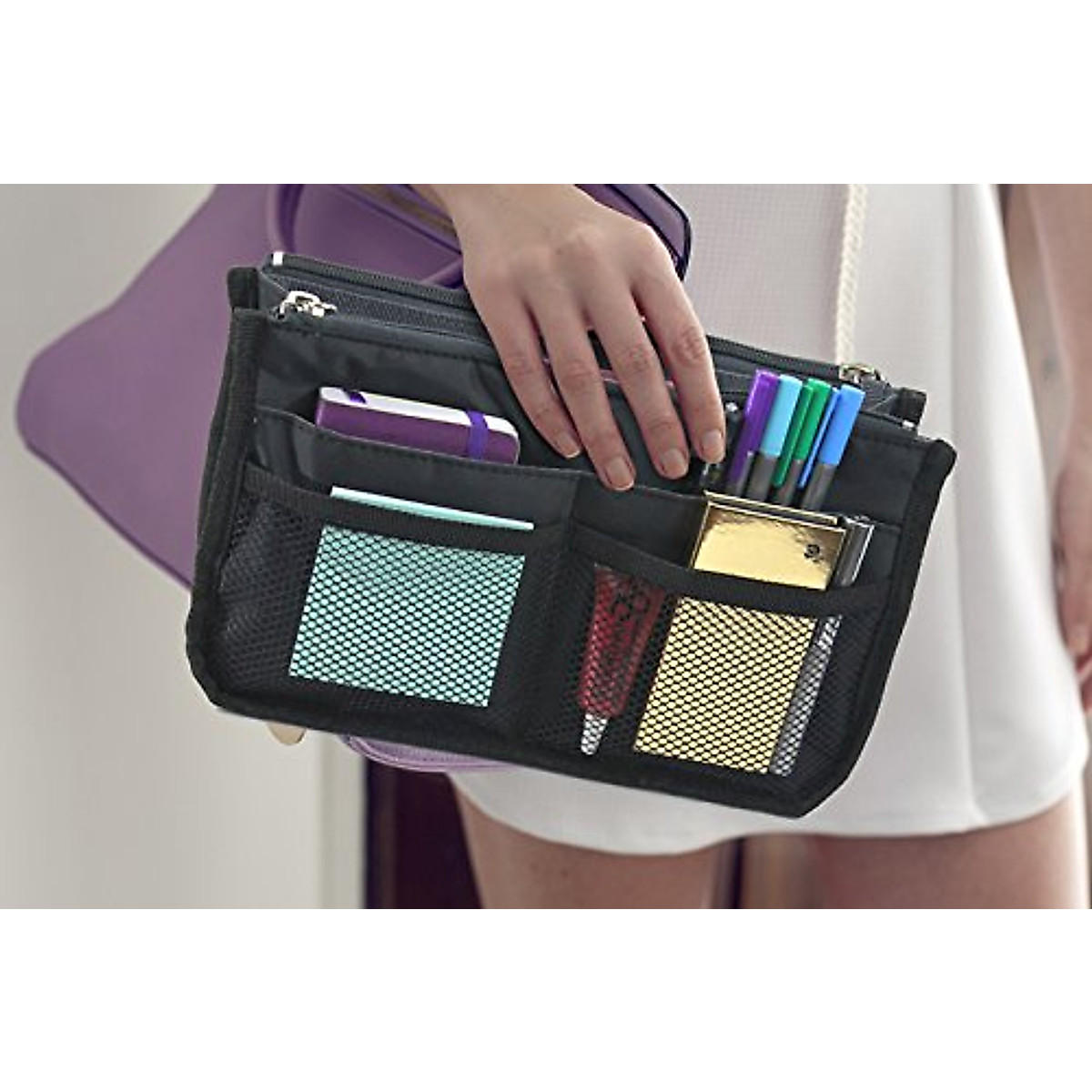 Premium Purse Organizer - Perfect Handbag Organizer Insert to Keep Your Personal Essentials Organized & Accessible - 13 Pockets - Study - Durable - Stylish (L-Black)