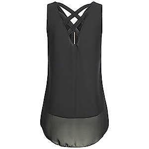 YOMXL Womens Cross Back Tank Vest Casual Tunic Tops Sleeveless V Neck Cuffed Pleated Zip Up Chiffon Tops Black
