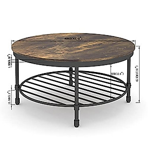 Gezen 2-Tier Round Coffee Table, Industrial Coffee Table for Living Room, Wooden Tabletop Rustic Steel Accent Table with Storage Open Shelf- Metal Frame - Retro Brown