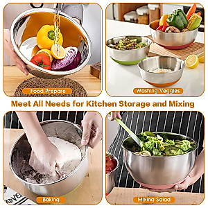 CHAREADA Mixing Bowls with Airtight Lids, 18pcs Stainless Steel Nesting Colorful Mixing Bowls Set Non-slip Silicone Bottom, Size 7, 5.5, 4, 3.5, 2.5, 2, 1.5 qt, Fit for Mixing & Serving