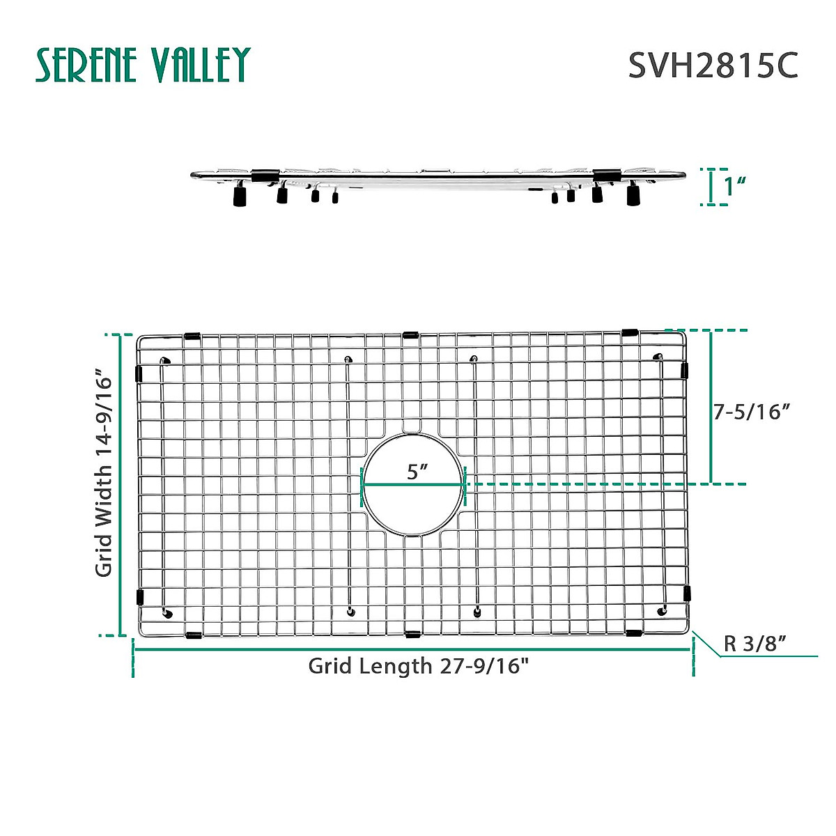 Serene Valley Sink Bottom Grid 27-9/16" X 14-7/16", Centered Drain with Corner Radius 3/8", Sink Protector SVH2815C