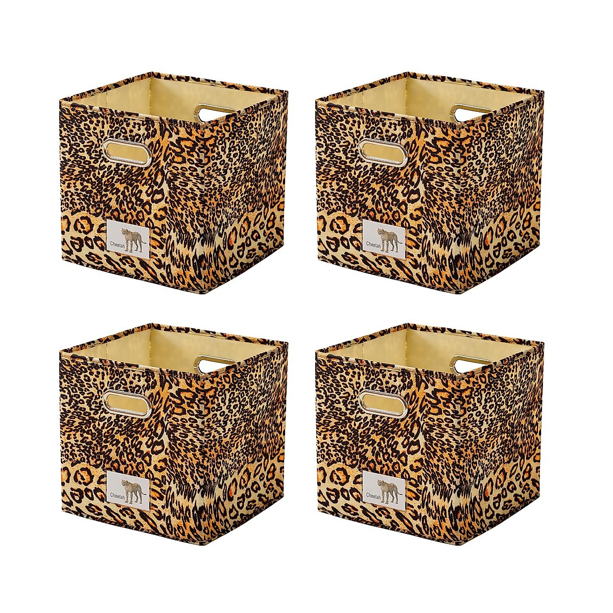 BeigeSwan Foldable Animal Leopard [Set of 4] Cube Storage Bins, Collapsible Fabric Organizer Container Boxes w/ Handles – 11 x 11 x 11 Inches