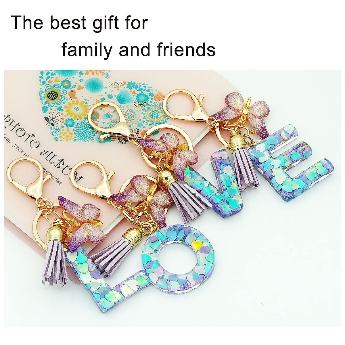 TTYY Initial Letter Keychains for Girls Women Pink Purple Green Cute Butterfly Heart Keychain for Backpack School Bag (purple heart Letter L)