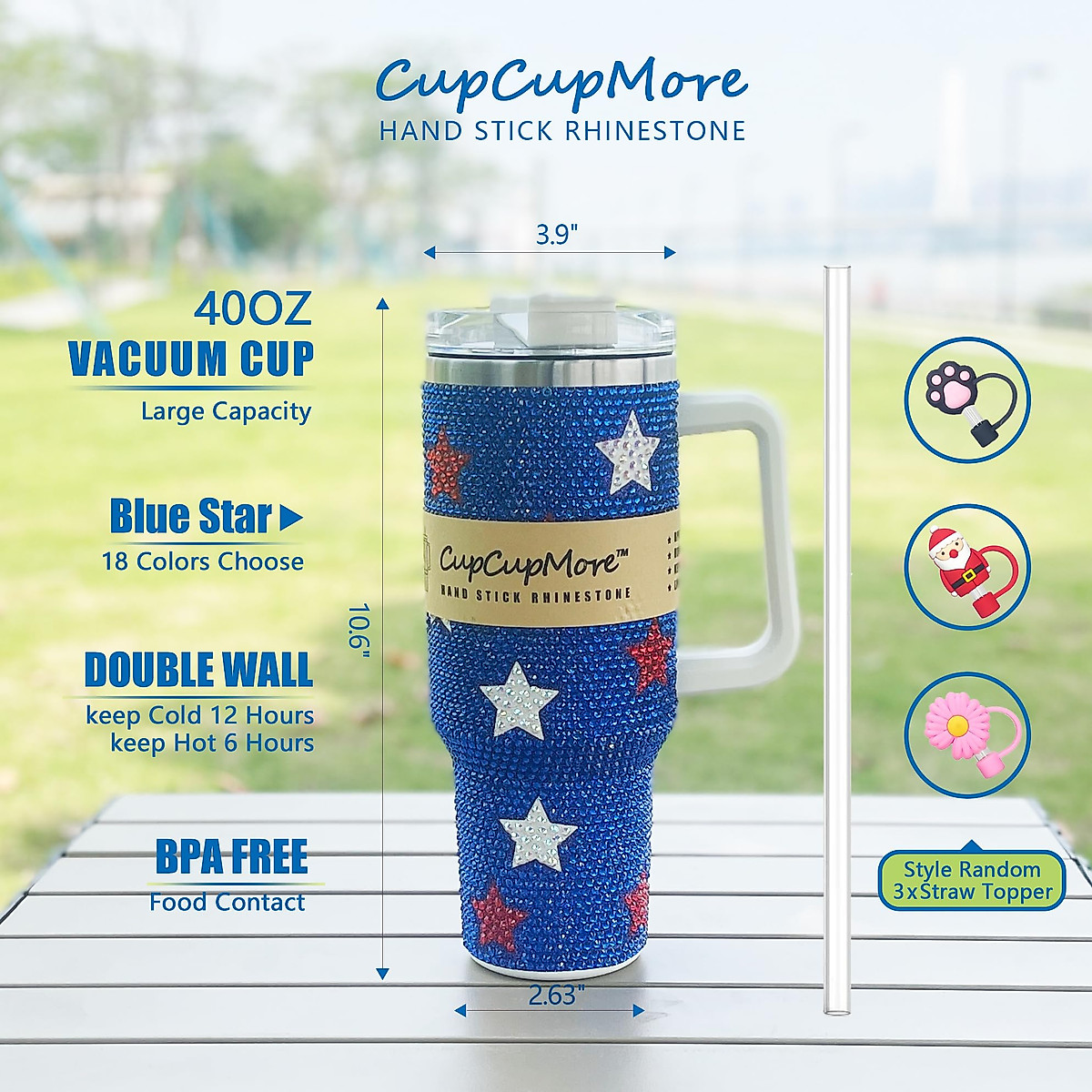 Cupcupmore 40oz Blue Star Bling Rhinestone Stainless Steel Sippy Tumbler Glitter Vacuum Insulated Water Bottle with Straw & Lid &Handle,Thermos for Hot & Cold Drinks,Car Cup Holder,Coffee