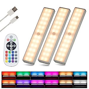 Under Cabinet Lighting Wireless, 48 LED 15 Colors Changeable Rechargeable RGB Under Cabinet Lights Remote Control Under Counter Lights Mini Night Light Bar for Indoor Display Shelf, 3 Pack