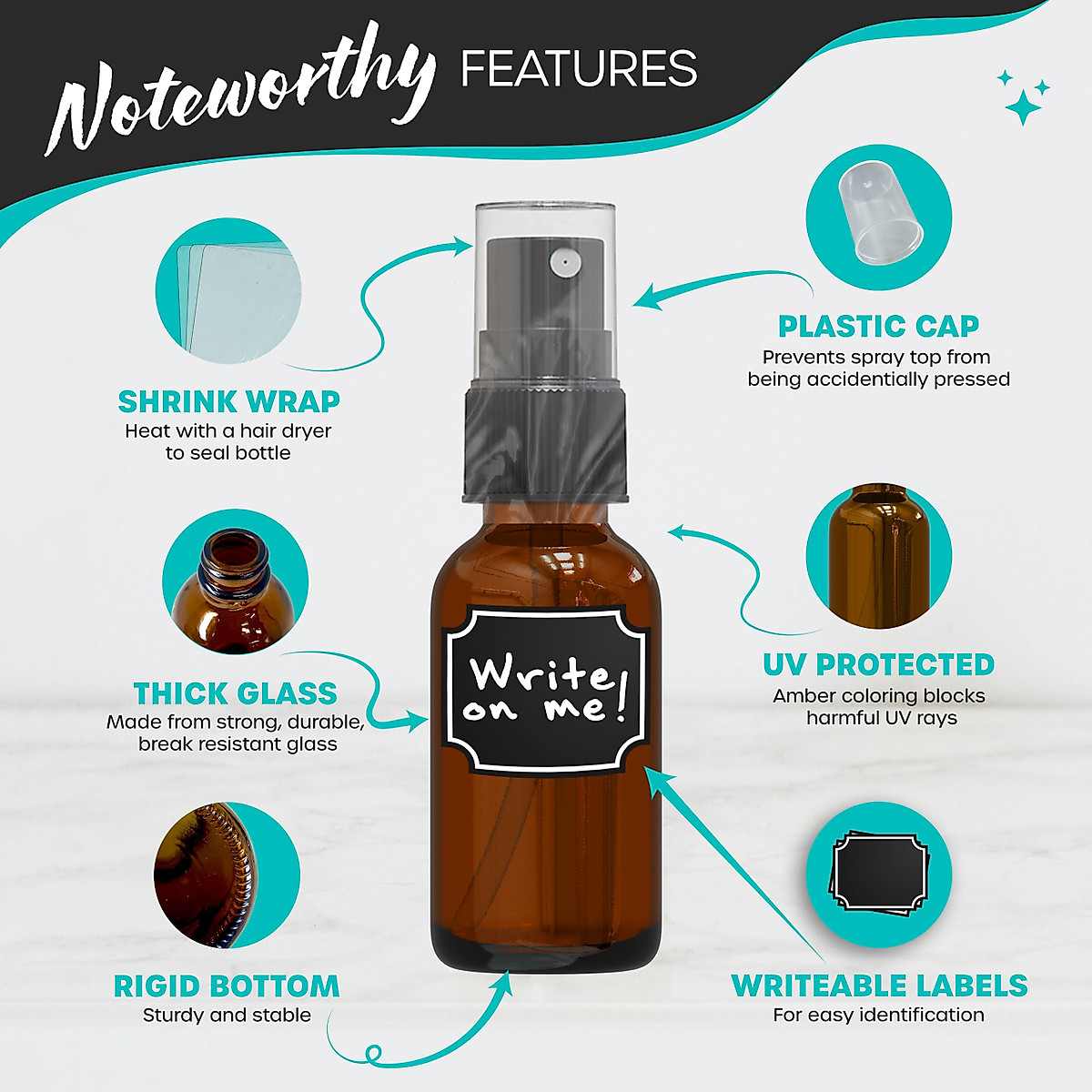 Nevlers 24PK Amber 1oz Spray Bottles | Glass Spray Bottles Set w/Shrink Wrap, Funnel, Brush & Labels | Small Spray Bottle For Use as Mister Spray Bottle, Travel Spray Bottle & Hair Spray Bottle