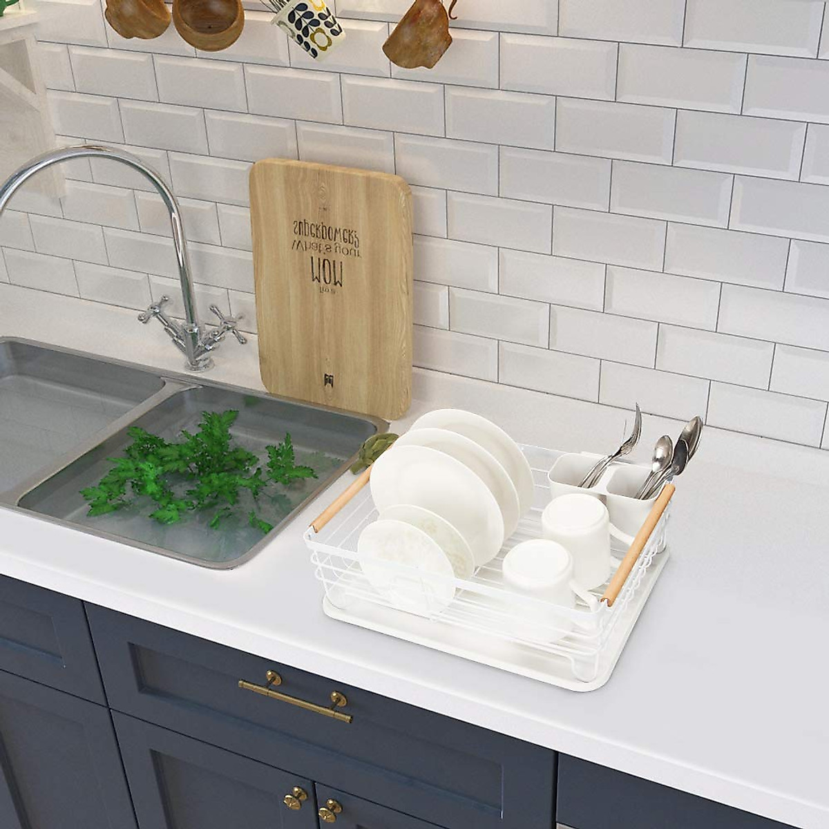 Modern Wood Handle Dish Rack and Drain Board, Attom Tech Home 16.5" x 12" x 5.5" Kitchen Plate Cup Dish Drying Rack Tray Cutlery Dish Drainer