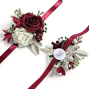 Bride Bridesmaid Wrist Corsage Set of 2 for Mother Grandmother Sister of Bride and Groom Fake Rose Wrist Flower Wedding Quinceanera Party Prom Homecoming Artificial Hand Flower (Burgundy)