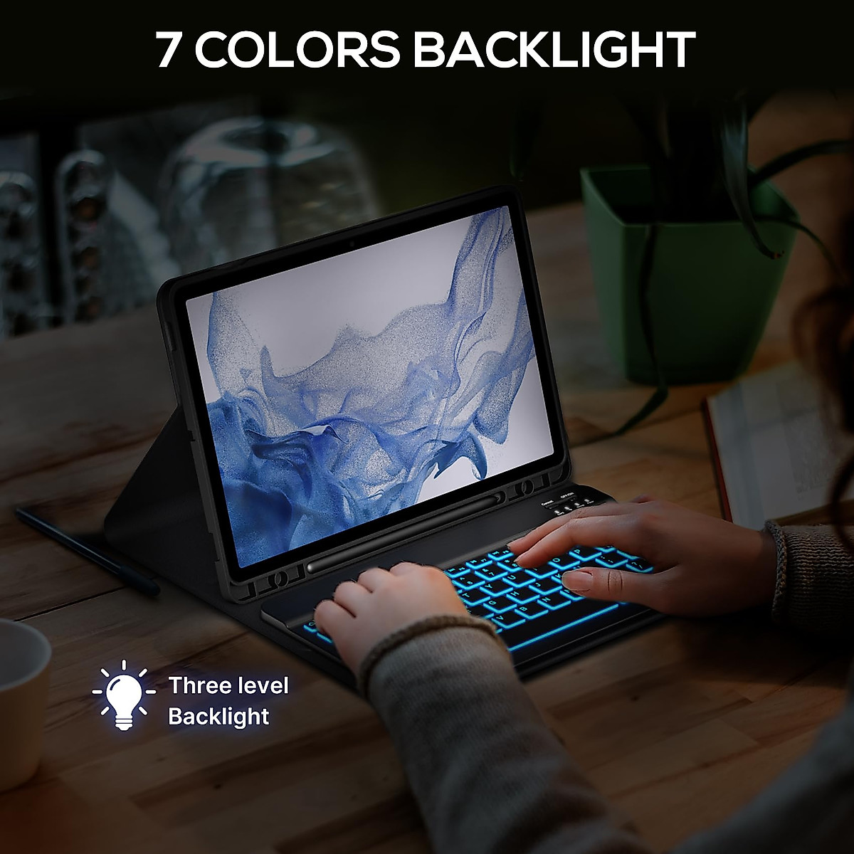 typecase Keyboard Case for Samsung Tab S8/Tab S7 11 inch (SM-X700/X706/T870/T875/T878), Slim Leather Folio Stand Cover, 7 Colors Backlit Wireless Detachable Keyboard with S Pen Holder (Black)