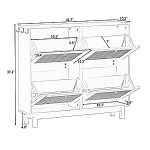 Polibi Boho Style Shoe Cabinet with 4 Rattan Flip Drawers and 3 Metal Side Hooks, Free Standing Wooden Shoe Rack Storage Shoes Organizer for Entryway/Living Room/Bedroom, White