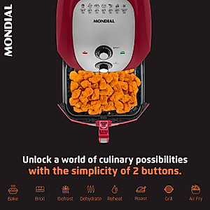 MONDIAL Air Fryer - 8.6 Quart Extra-Large Air Fryer, 2 Simple Dial Controls, 1800 Watts - Quick Heat Circulation Technology, Low Fat Cooking Less Calories - Removable Squared Basket - Red