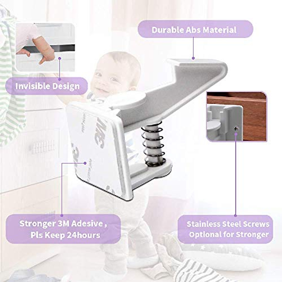 Baby Safety Cabinet Locks 12 Pack White-GRANDOTO Baby Proofing & Child Safety Cabinets Drawer Locks,DIY Easy to Install,No Tooling, Stronger Safety!