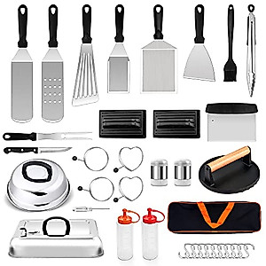 Leonyo Griddle Accessories Set of 26, Stainless Steel Grill Accessories Set with Metal Spatula, 2 Melting Domes, Burger Press, Professional Outdoor Grilling Tool for Cast Iron Flat Top Teppanyaki BBQ