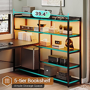 SEDETA L Shaped Gaming Desk, Reversible U Shaped Computer Desk with Power Outlet and Storage Shelves, Corner Gaming Desk with LED Lights, 3 Fabric Drawers, Black