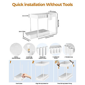 DILEASIR Under Sink Organizers and Storage Bathroom 2Pack, 2 Tier Kicthen Cabinet Basket Organizer, with Hooks, Hanging Cup, Dividers, Handles, Multi-purpose Under Sink Shelf Organizer, White