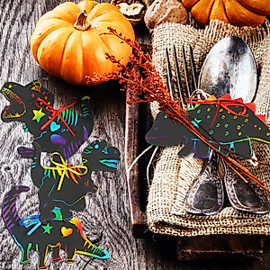 Outus 48 Pieces Scratch Dinosaur Paper Scratch Paper Dinosaur Craft Art Kits with 24 Pieces Wooden Styluses and 48 Pieces Ribbons for Dinosaur Birthday Party Game Supplies