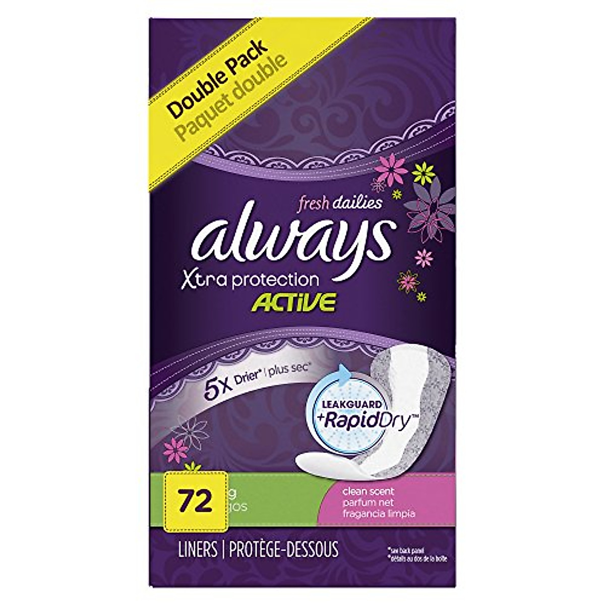 Always Xtra Protection Active Liners, Long, Scented, 36 Count - Pack of 2 (72 Total Count)