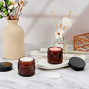 2oz Jars with Lids, Hoa Kinh 24 Pack Amber Glass Jars with Lids Empty Cosmetic Containers Round Airtight Glass Jar with Inner Liners and black Lids for Storing Lotions, Powders, and Ointments