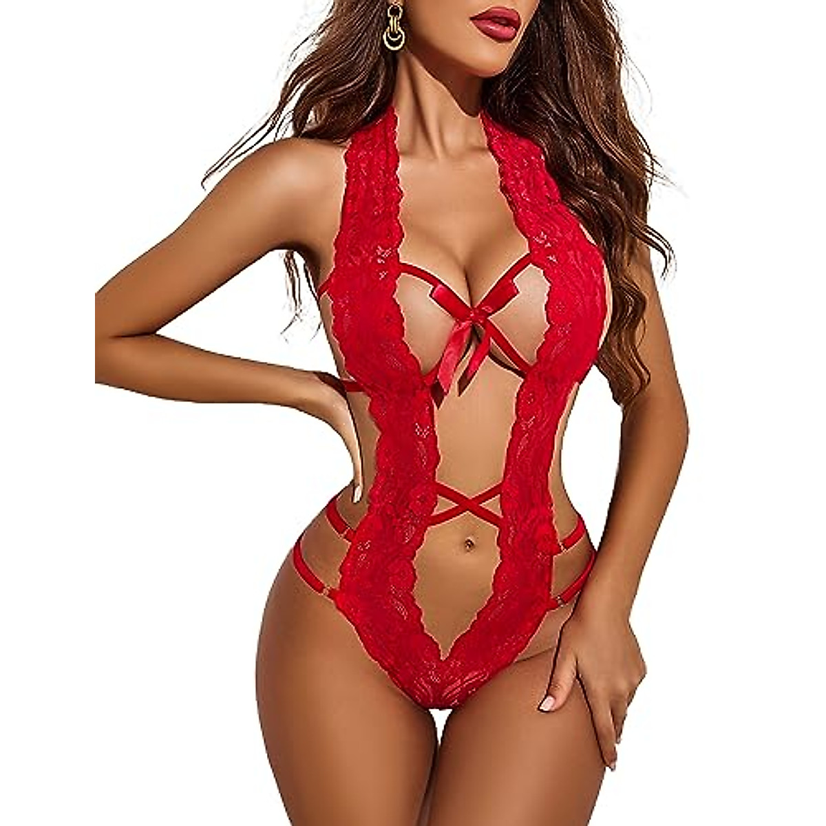 Avidlove Sexy Lingerie Women Deep V Halter Lingerie Teddy One Piece Bodysuit Lace Babydoll lingerie crotchless lace lingerie Red Large