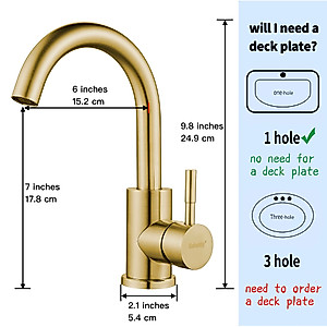 Kohonby Wet Bar Sink Faucet Single Hole Brushed Gold, Modern Single Handle Bathroom Sink Faucet Commercial Stainless Steel Prep Sink Faucet