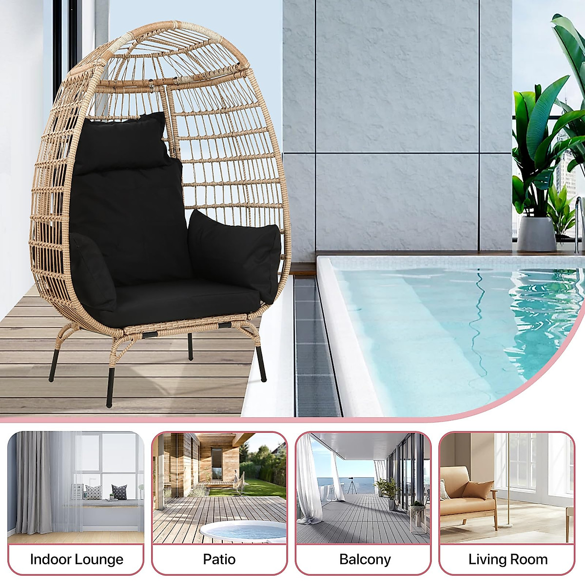 Dkelincs Wicker Egg Chair Indoor Outdoor Lounge Chair Patio Reading Chair Oversized Rattan Egg Chair for Patio, Backyard, Garden, Living Room w/ 4 Cushions Steel Frame, 352lb Capacity(Black)