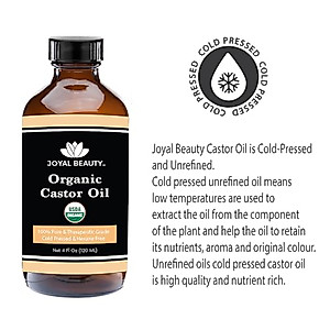 JOYAL BEAUTY Castor Oil USDA Certified Organic(4oz). 100% Pure Cold Pressed Unrefined Hexane Free Glass Bottle. Hair Eyelashes Eyebrows Lash Serum. For Face, Skin, Body, Belly Button. Free Mascara