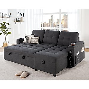 VanAcc Sofa Bed, Sleeper Sofa with USB Charging Ports, L-Shaped Couch with Storage, Pull Out Couch for Living Room, Grey Linen