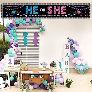 ANATANOWOR Baby Gender Reveal Decorations Banner (118.2x19.7 inch) , He or She Gender Reveal Party Supplies