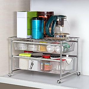 Stackable 2-Tier Under Sink Cabinet Organizer with Sliding Storage Drawer, Pull Out Cabinets Organizer Shelf Baskets, for Kitchen, Pantry, Under The Sink, Cabinet, Bathroom, Silver