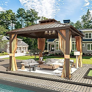 MELLCOM 12'x12' Hardtop Gazebo, Galvanized Steel Metal Double Roof Aluminum Gazebo with Curtain and Netting, Permanent Pavilion Gazebo for Patio, Lawn and Garden