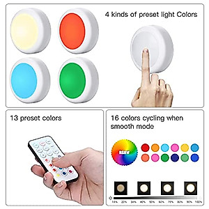 Puck Lights, 16 Colors Changeable LED Puck lightings Battery Powered dimmable Under Cabinet Lights Wireless Under Counter Lights Mini Night Light, with 2 Remote Controls & Timing Function