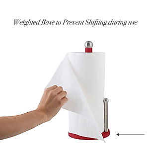 Kitchen Details Countertop Single Tear Paper Towel Holder, Free Standing, Weighted Bottom, Holds Large Rolls, Dispenser Bar Prevents Unraveling, Red