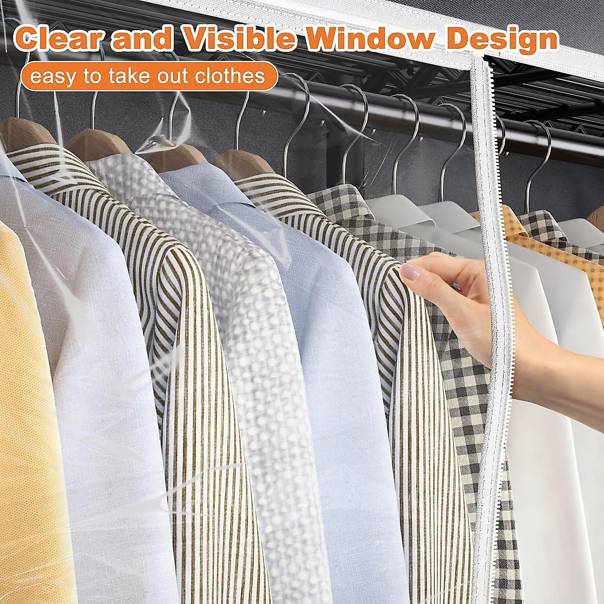 Raybee Garment Rack Cover Only, Fabric Clothing Rack Cover with Zipper, Clothes Rack Cover with PVC Clear Window & 8 Side Storage Pockets, Garment Rack Cover Only 76.7" W X 75.1" H X 17.9" D(Large)