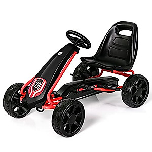 Costzon Pedal Go Kart for Kids, 4 Wheels Pedal Powered Ride on Toy, Outdoor Racer Children's Foot on Riding Car w/Adjustable Seat, Rubber Tires & 2 Brakes for Boys & Girls Age 3 to 8 (Black)