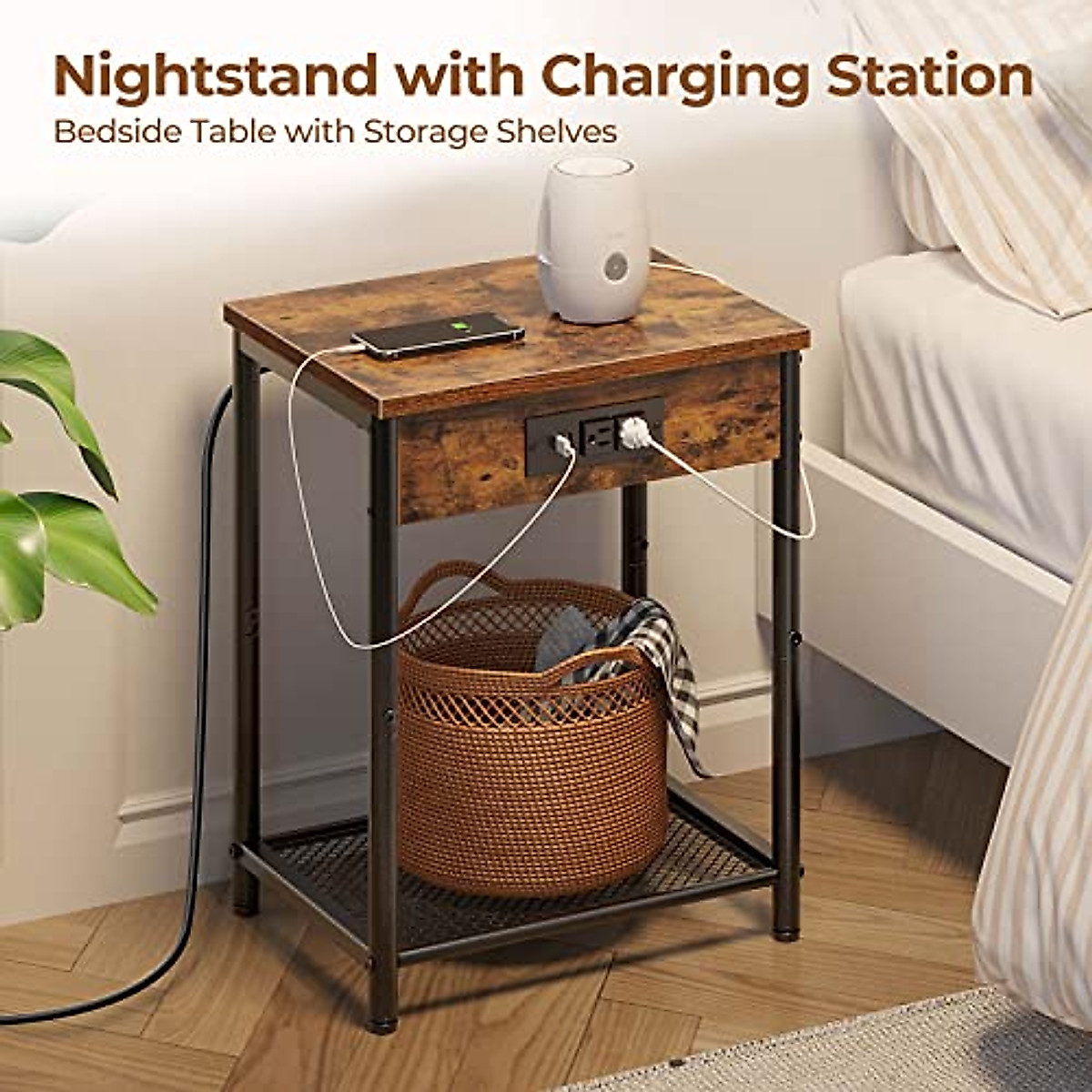 Rolanstar End Table Set of 2 with Charging Station, Small Side Table with USB Ports & Storage Shelf for Small Space, Living Room, Nightstand Bedside, 2-Tier Sofa Table for Bedroom