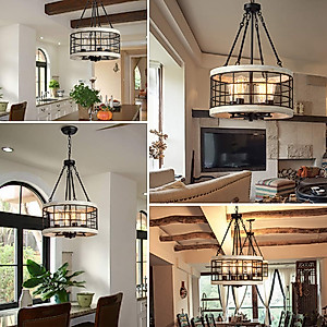 TZOE White Oak Wood Color&Black Metal Finish 4-Light Chandeliers for Dining Rooms,Farmhouse Drum Chandelier,Rustic Small Pendant Light