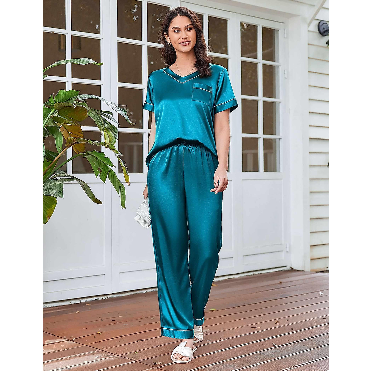 Ekouaer Womens Silky Pajamas Set Satin Pj Set Short Sleeve Top and Long Pant Pajama Set Two Piece Sleep Set Silky Sleepwear Nightwear Blue