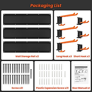 ELECROW Garage Storage Organizer Wall Mount Tool, Heavy Duty Garage Garden Tool Rack with 6 Adjustable Hooks, for Garden and Yard Storage Tools