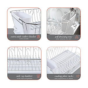 Kitchen Details 3 Piece Dish Rack | Drying Rack, Cutlery Basket & Drainboard Tray | Countertop | Self Draining | Open Wire Design | Chrome | White