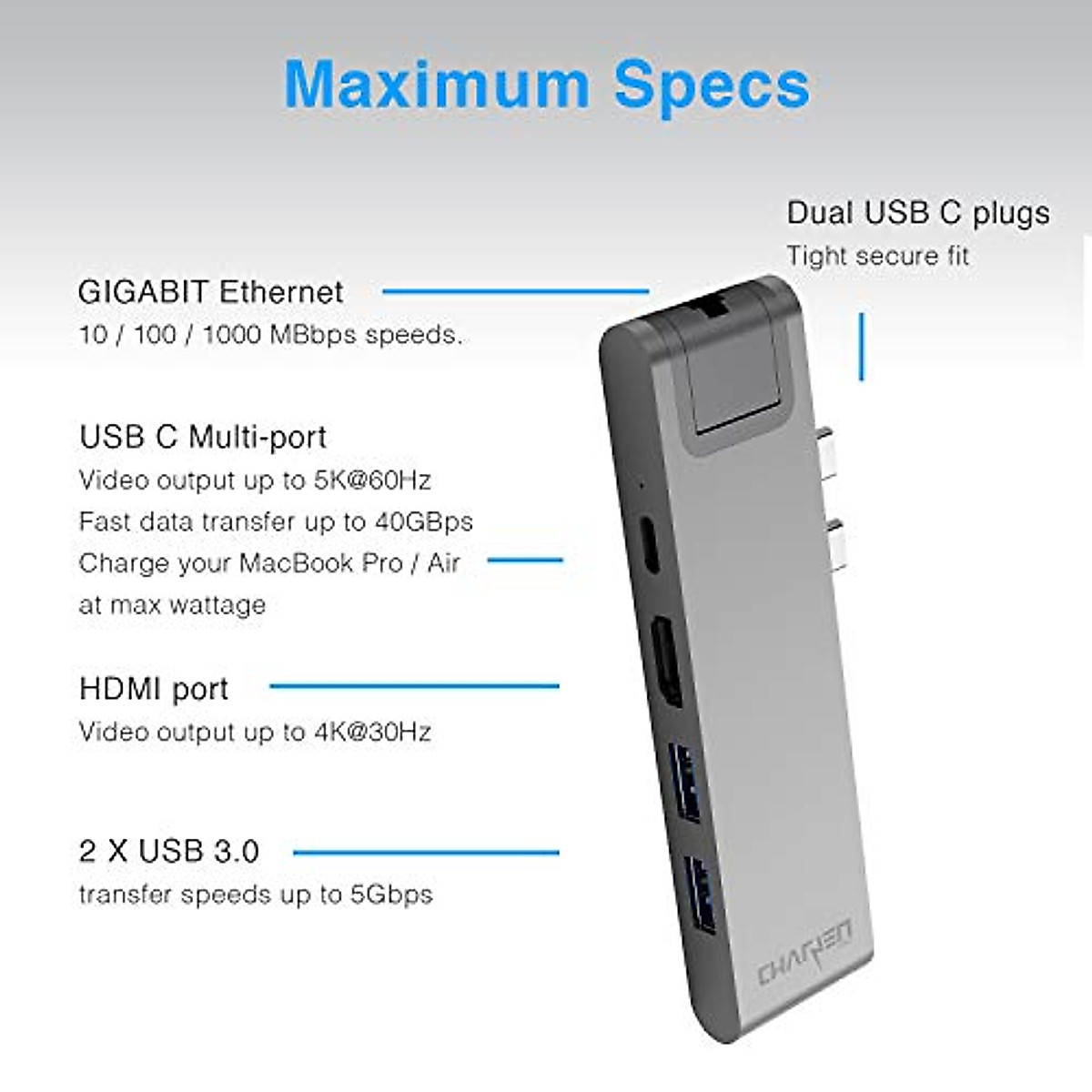 CharJenPro USB C Hub for MacBook Pro 2020, 2019, 2018-2016 (M1) MacBook Air 2020, 2019, 2018, 100W Power, HDMI 4K, 2 USB 3.0, microSD, SD Card Reader, USB C Port. USBC Adapter.