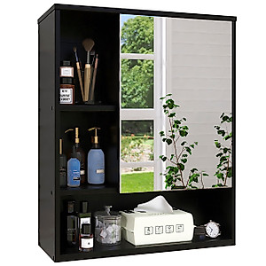 SMIBUY Bathroom Mirror Cabinet Wall Mounted, Bamboo Space Saver Medicine Cabinet, Wall Hanging Over Toilet Storage Cabinet with Mirror Door and Adjustable Shelf (Black)