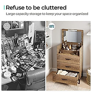 LINSY HOME Dresser with Mirror, Chests of Drawers with Antique Handles Wood Dresser with 3 Drawers, Storage Drawer with Makeup Organizer & Anti-Tipping Device, Oak Brown